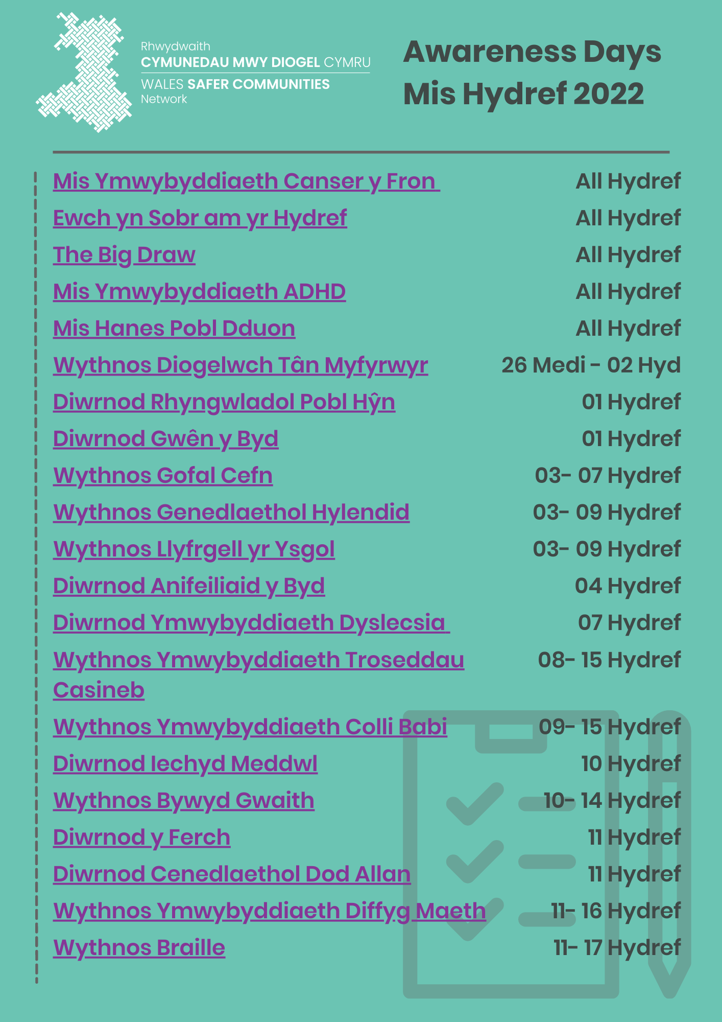 Mis Hydref 2022- Diwrnodau Ymwybyddiaeth - Wales Safer Communities